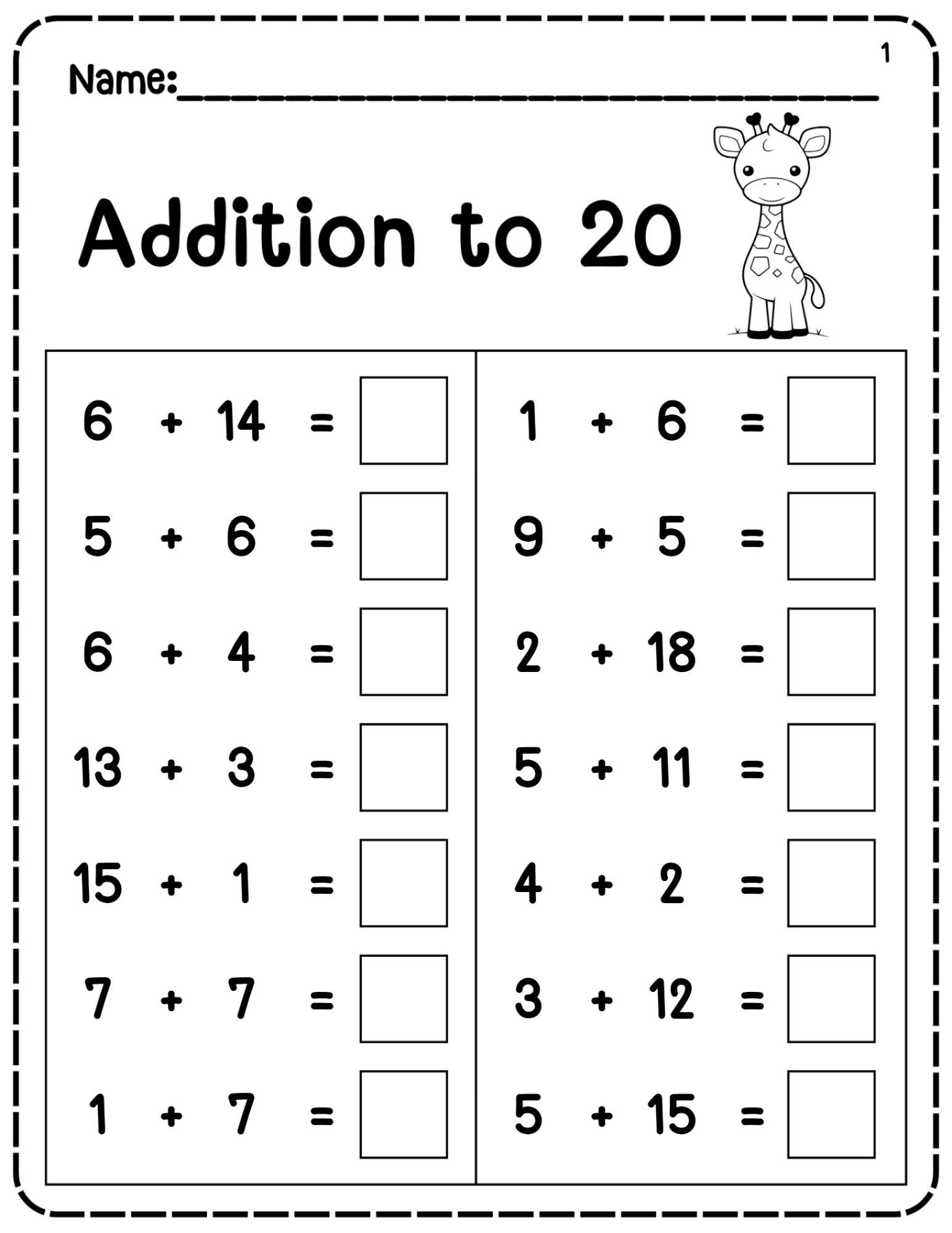 20 Printable Addition to 20 Fill in the Blanks Worksheets (numbers 1–20 ...