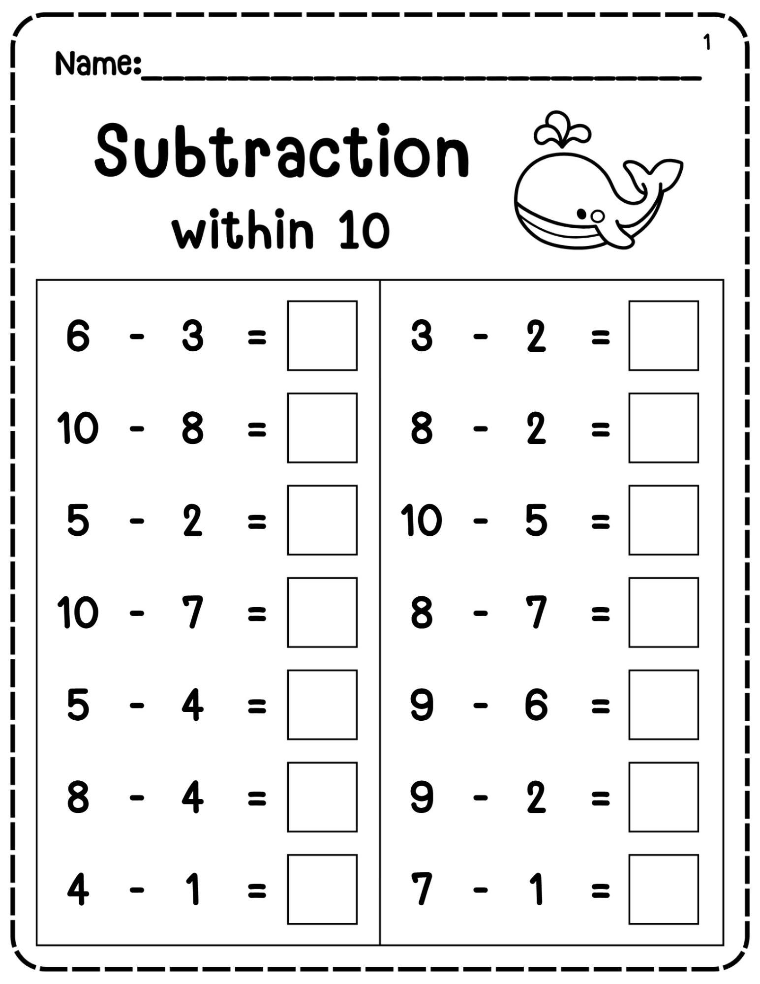 20 Printable Subtraction to 10 Fill in the Blanks Worksheets (numbers 1 ...