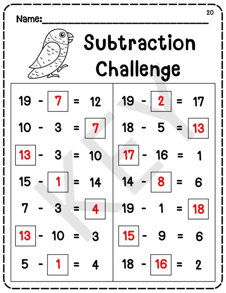 20 Printable Find the Missing Numbers in Subtraction (numbers 1–20 ...