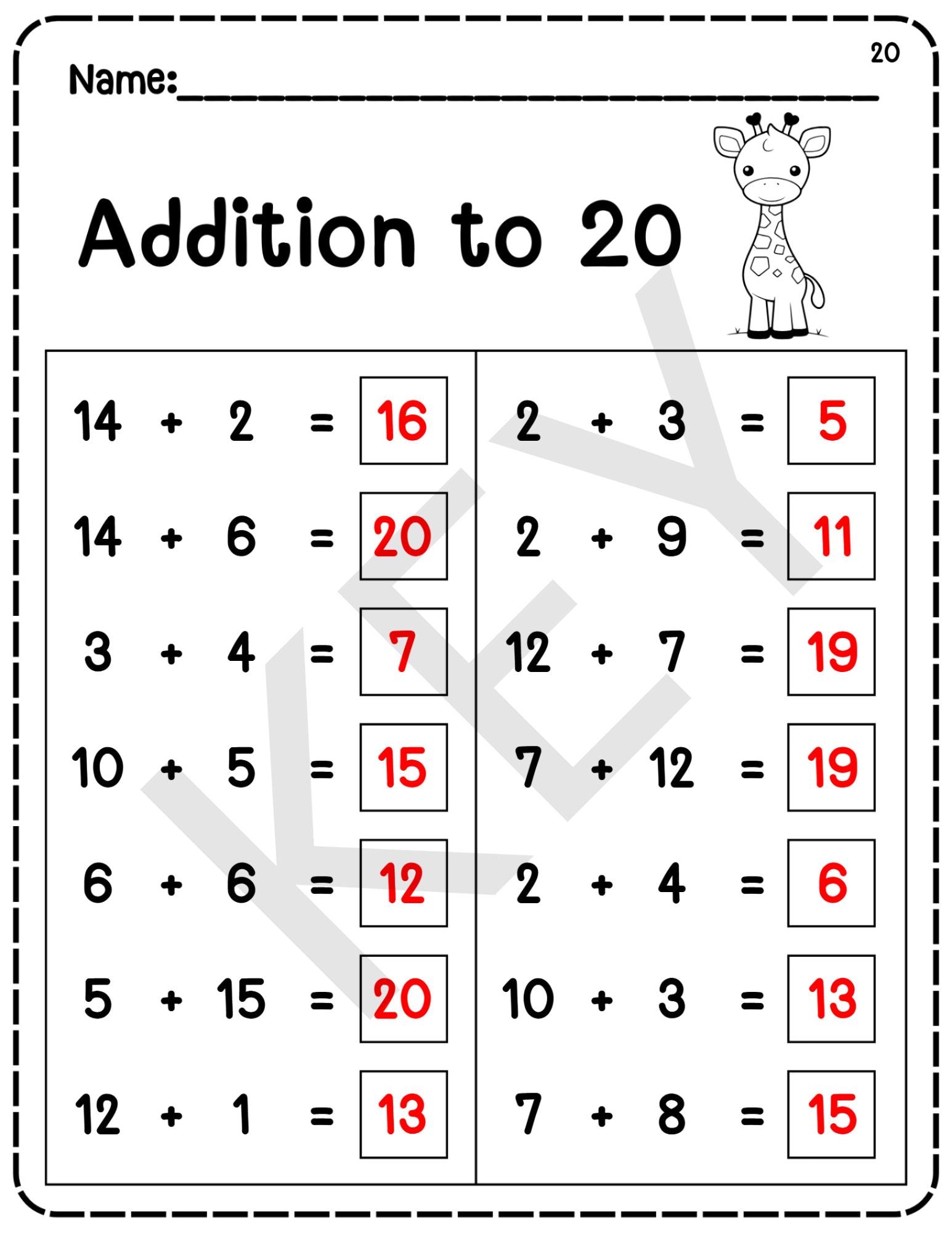 20 Printable Addition to 20 Fill in the Blanks Worksheets (numbers 1–20 ...