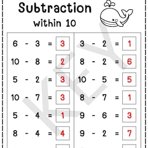 20 Printable Subtraction to 10 Fill in the Blanks Worksheets (numbers 1 ...