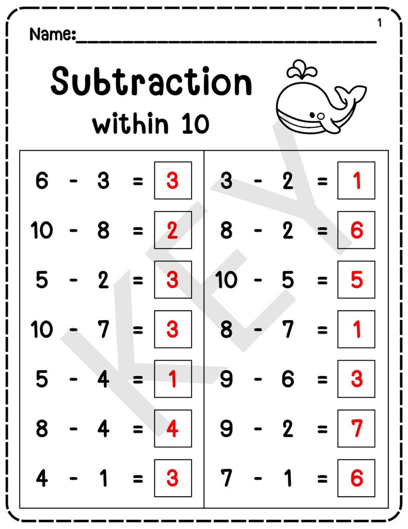 20 Printable Subtraction to 10 Fill in the Blanks Worksheets (numbers 1 ...