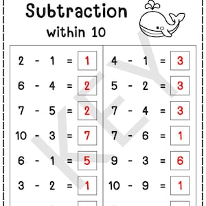 20 Printable Subtraction to 10 Fill in the Blanks Worksheets (numbers 1 ...