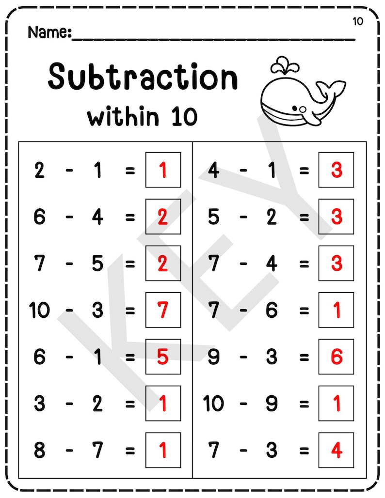 20 Printable Subtraction to 10 Fill in the Blanks Worksheets (numbers 1 ...