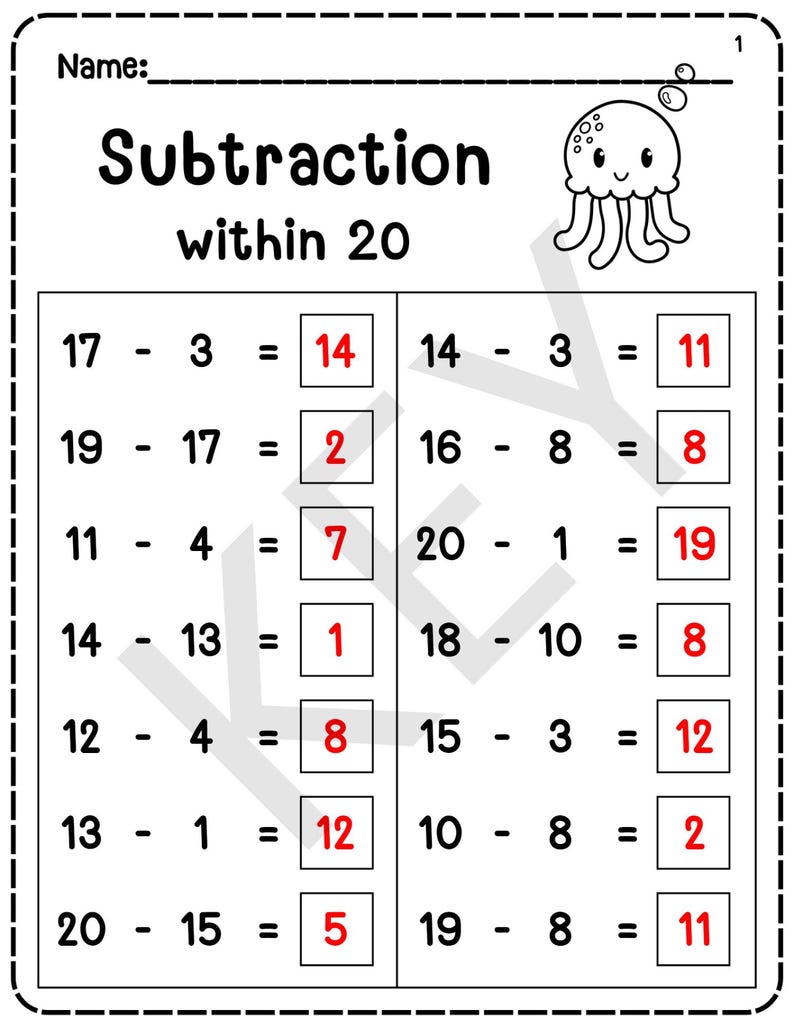 20 Printable Subtraction to 20 Fill in the Blanks Worksheets (numbers 1 ...