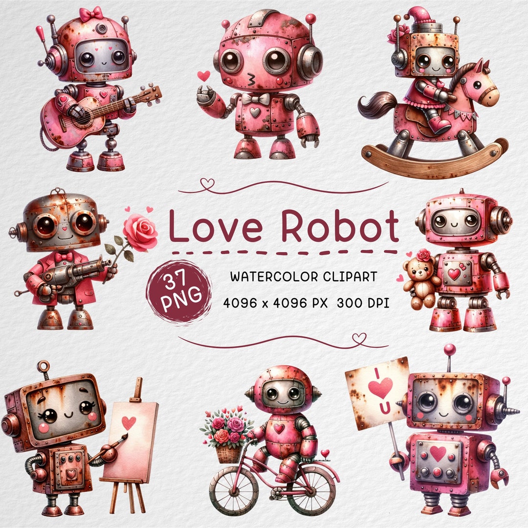 Love Robot Watercolor Clipart 37 PNG, Love Clipart, Cute Robot PNG ...