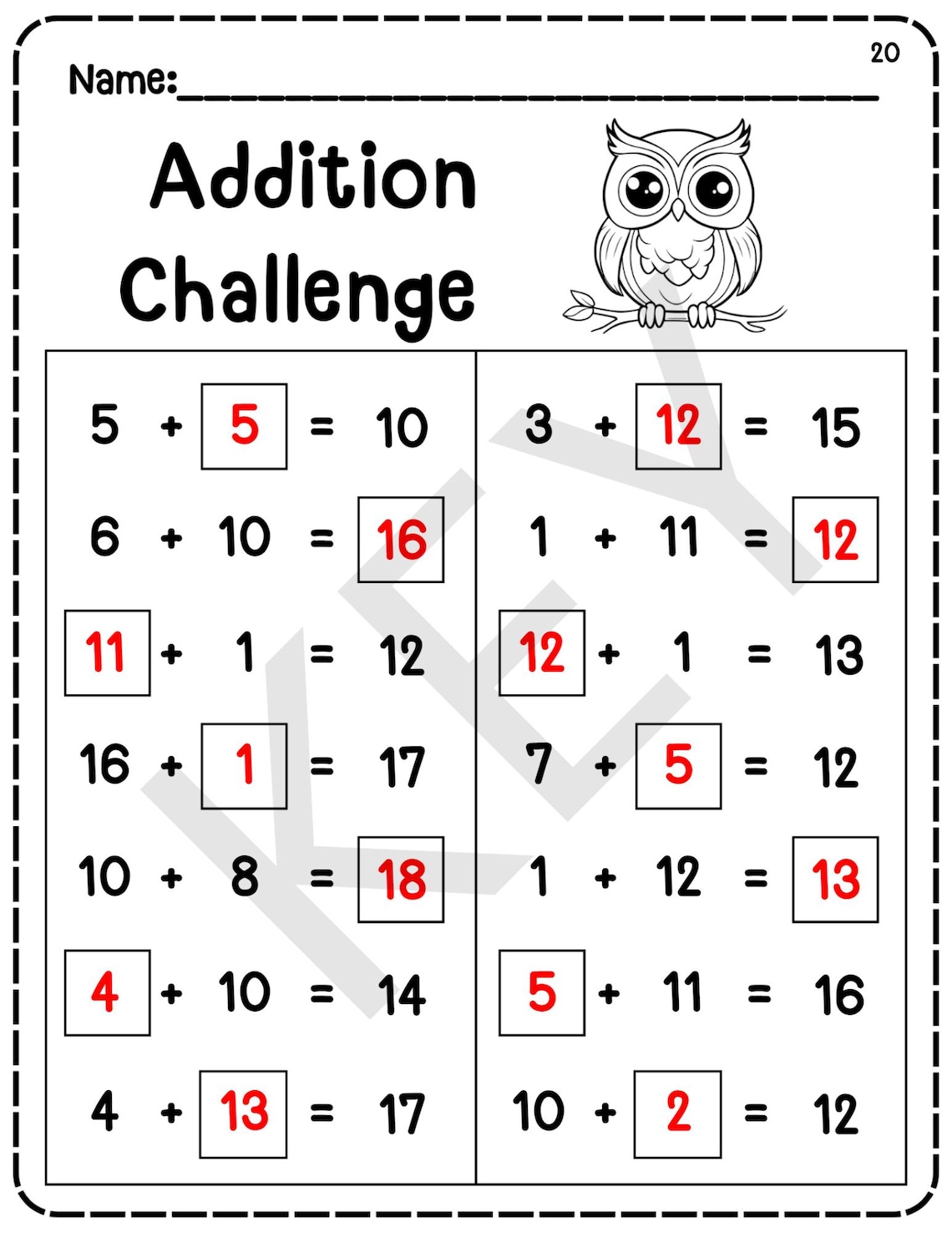20 Printable Find the Missing Addends and Sums (numbers 1–20 ...