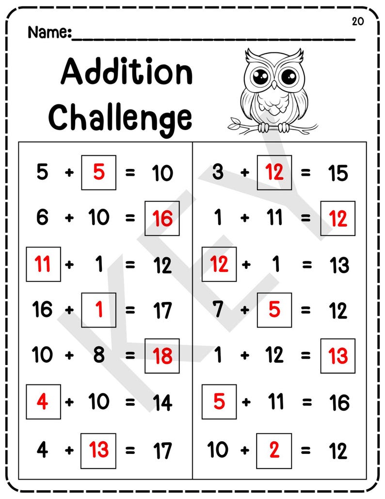 20 Printable Find the Missing Addends and Sums (numbers 1–20 ...
