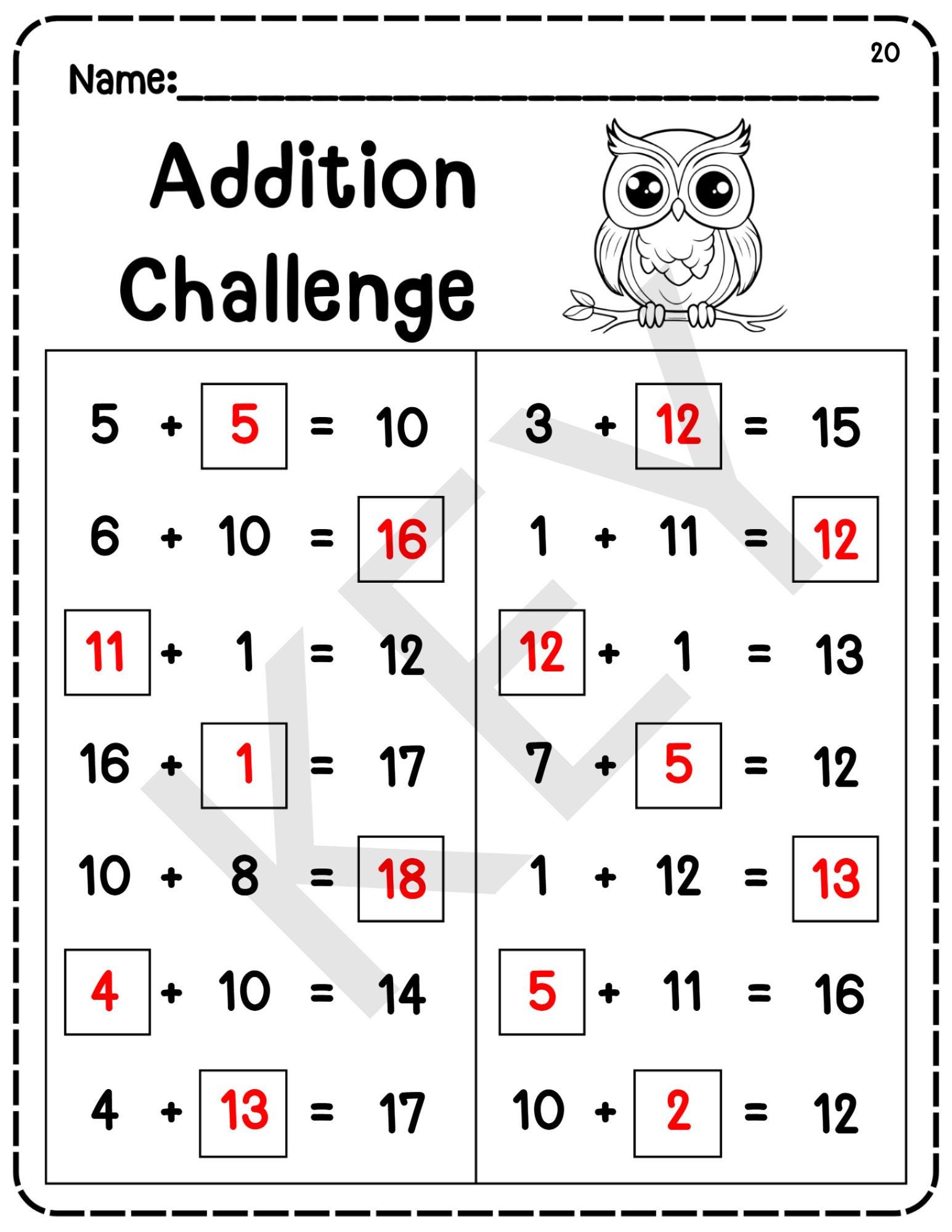 20 Printable Find the Missing Addends and Sums (numbers 1–20 ...