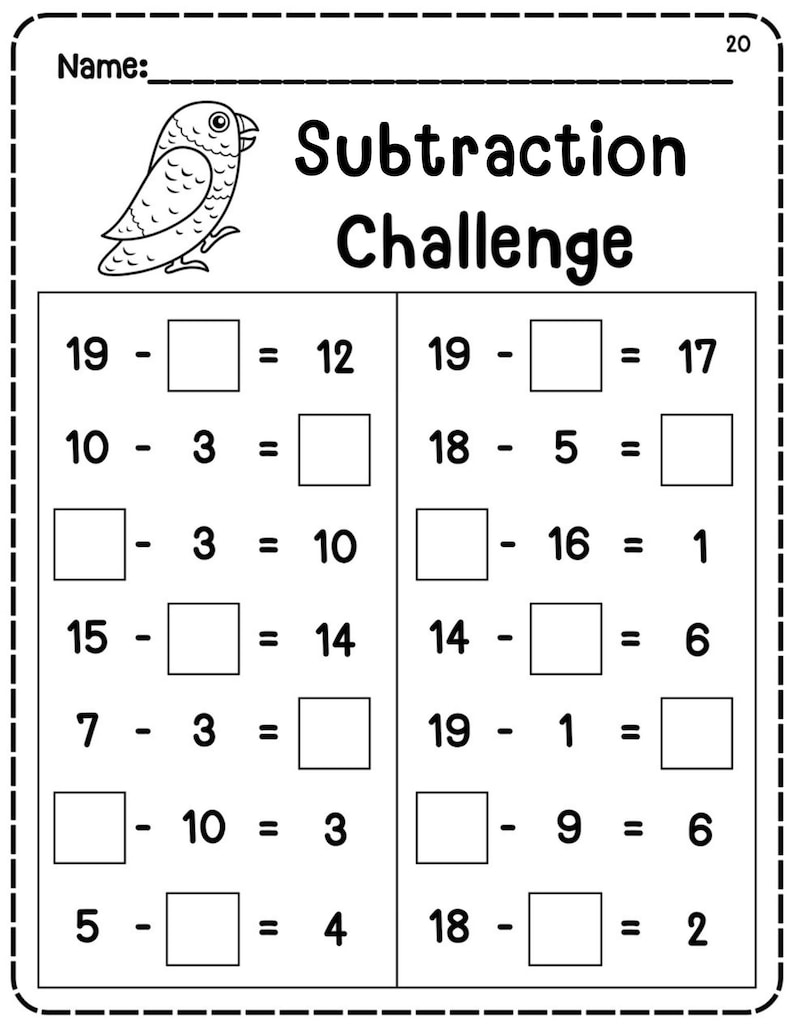20 Printable Find the Missing Numbers in Subtraction (numbers 1–20 ...
