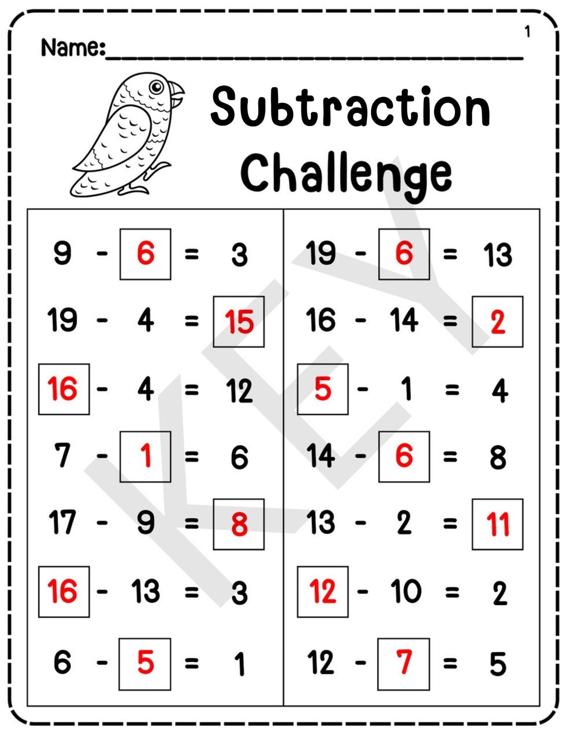 20 Printable Find the Missing Numbers in Subtraction (numbers 1–20 ...