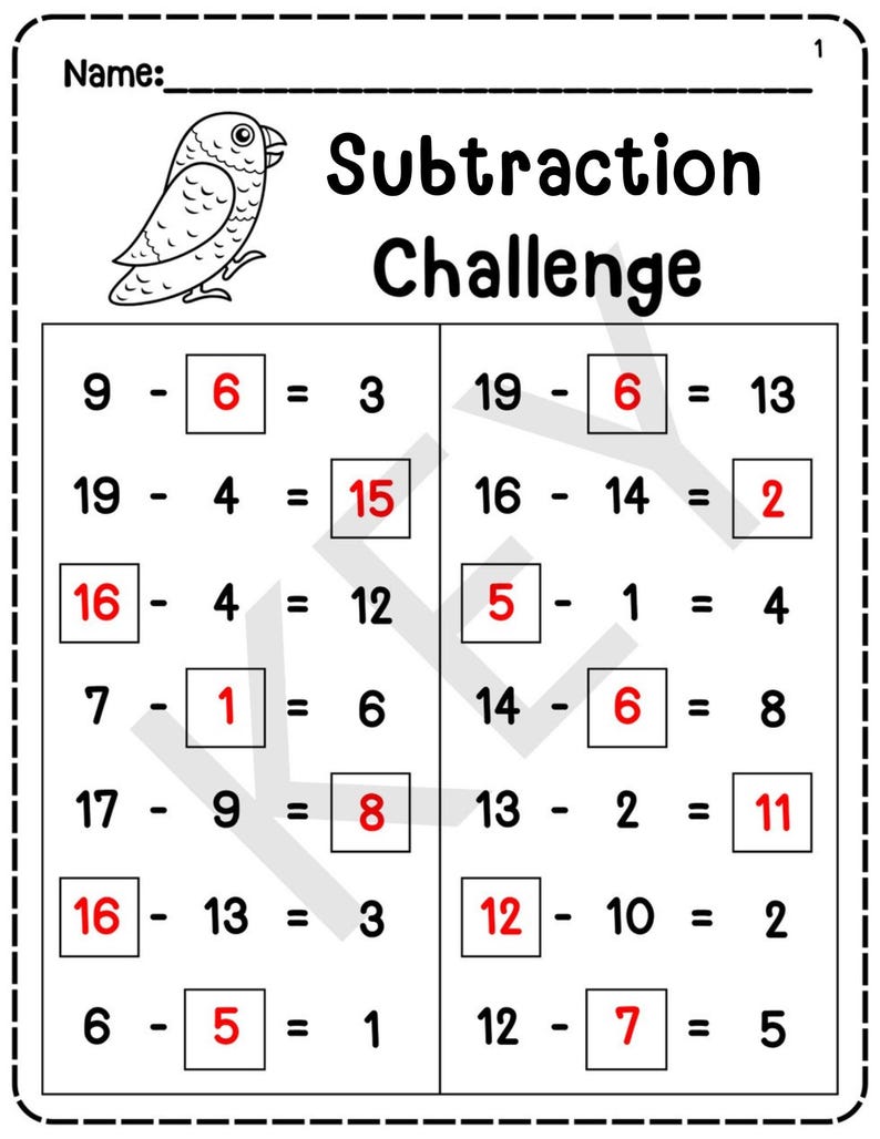 20 Printable Find the Missing Numbers in Subtraction (numbers 1–20 ...