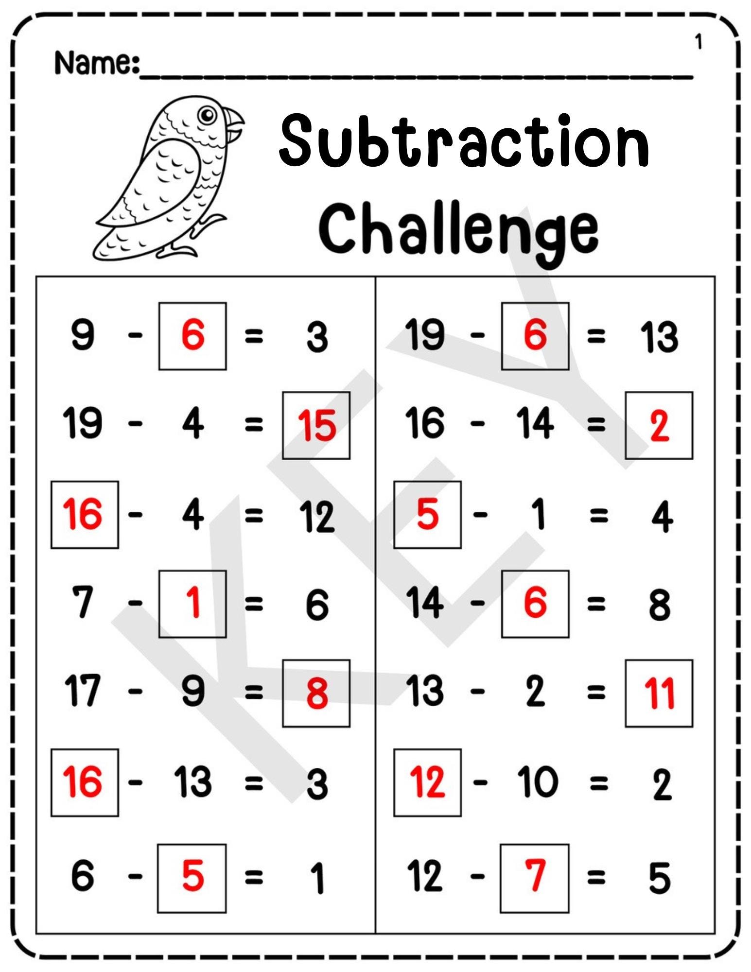 20 Printable Find the Missing Numbers in Subtraction (numbers 1–20 ...
