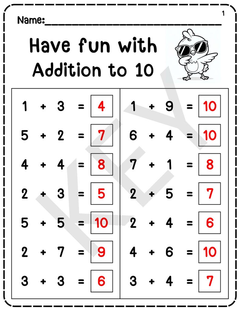 20 Printable Addition to 10 Fill in the Blanks Worksheets (numbers 1-10 ...