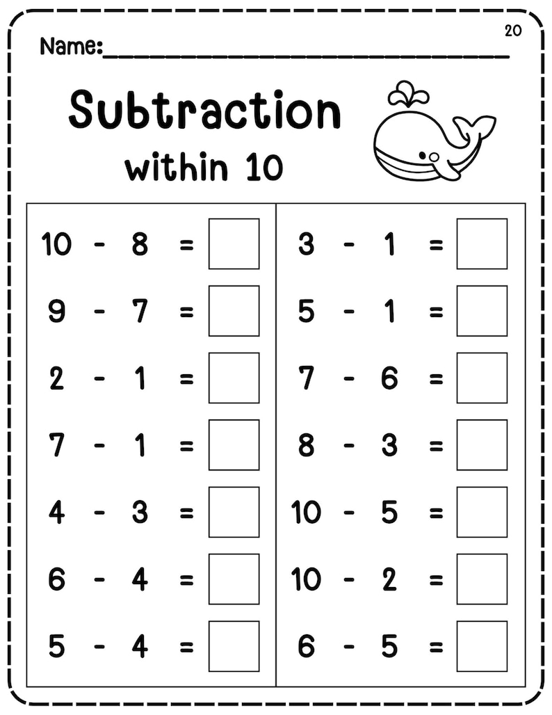 20 Printable Subtraction to 10 Fill in the Blanks Worksheets (numbers 1 ...