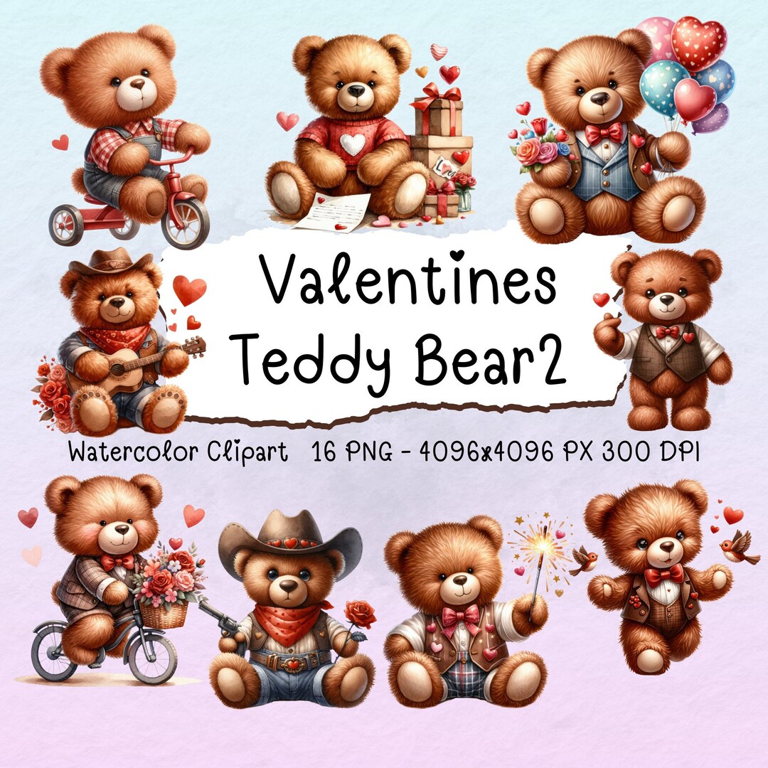 Watercolor Valentines Teddy Bear Clipart, 16 PNG Valentines Day Clipart ...