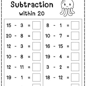 20 Printable Subtraction to 20 Fill in the Blanks Worksheets (numbers 1 ...