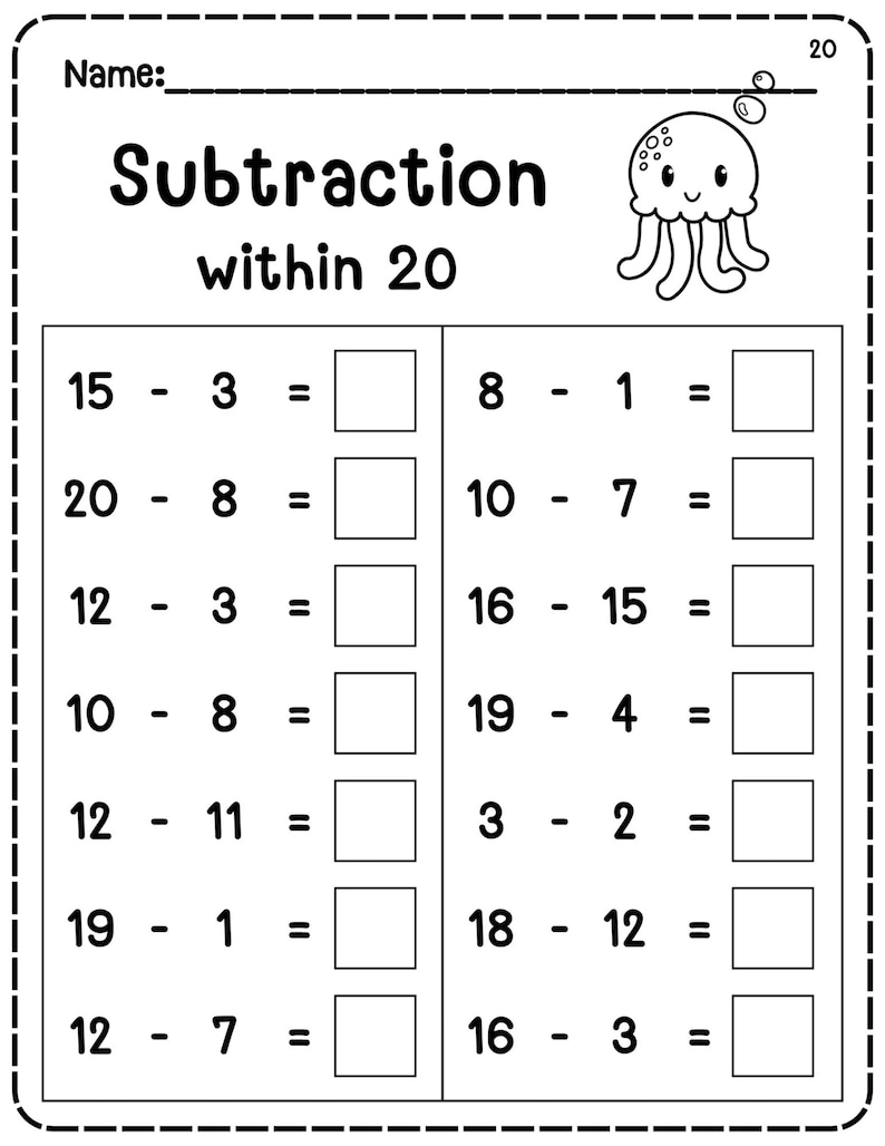 20 Printable Subtraction to 20 Fill in the Blanks Worksheets (numbers 1 ...