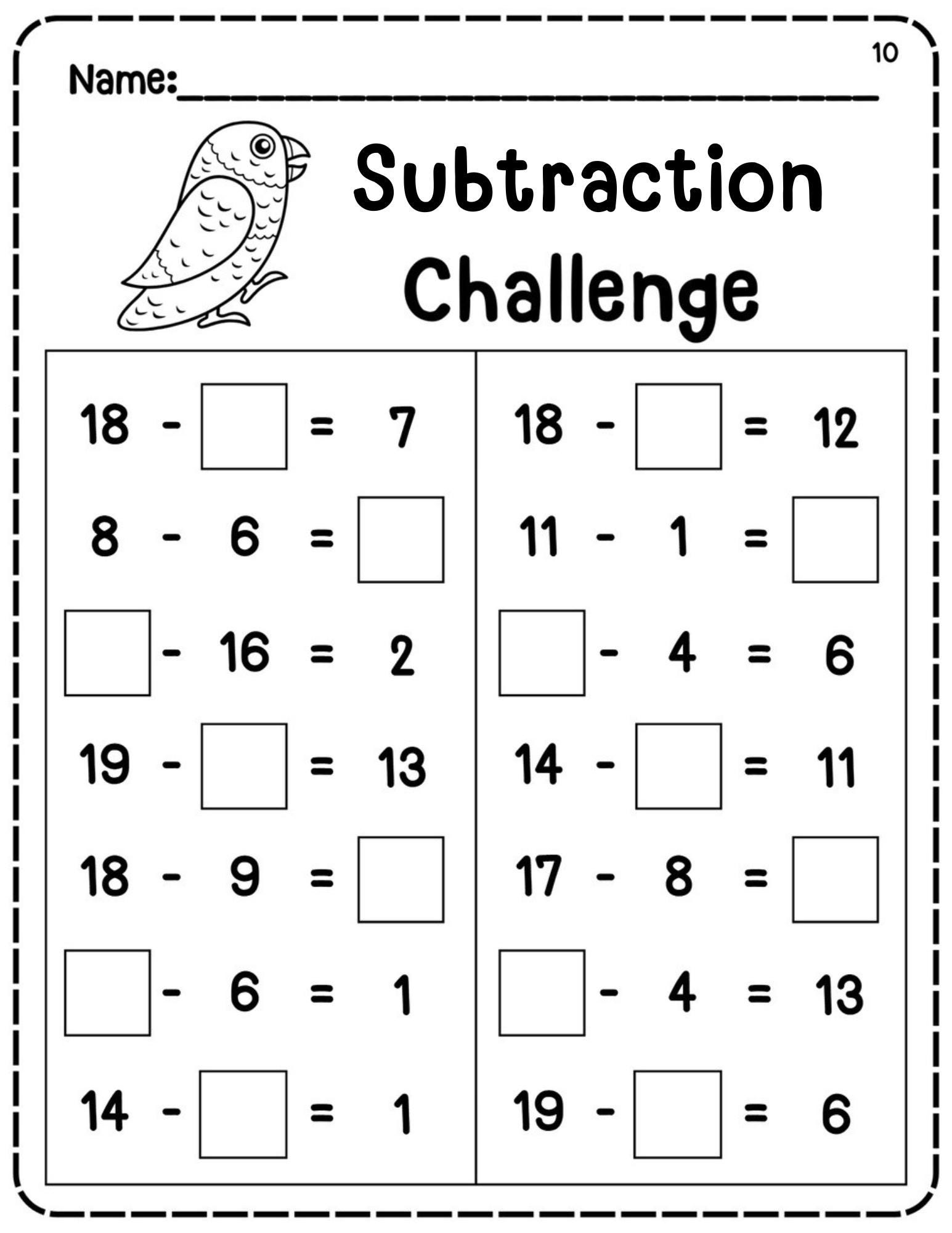 20 Printable Find the Missing Numbers in Subtraction (numbers 1–20 ...