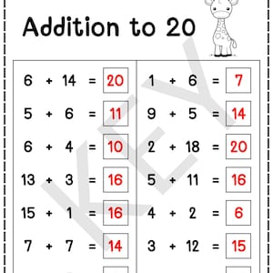 20 Printable Addition to 20 Fill in the Blanks Worksheets (numbers 1–20 ...