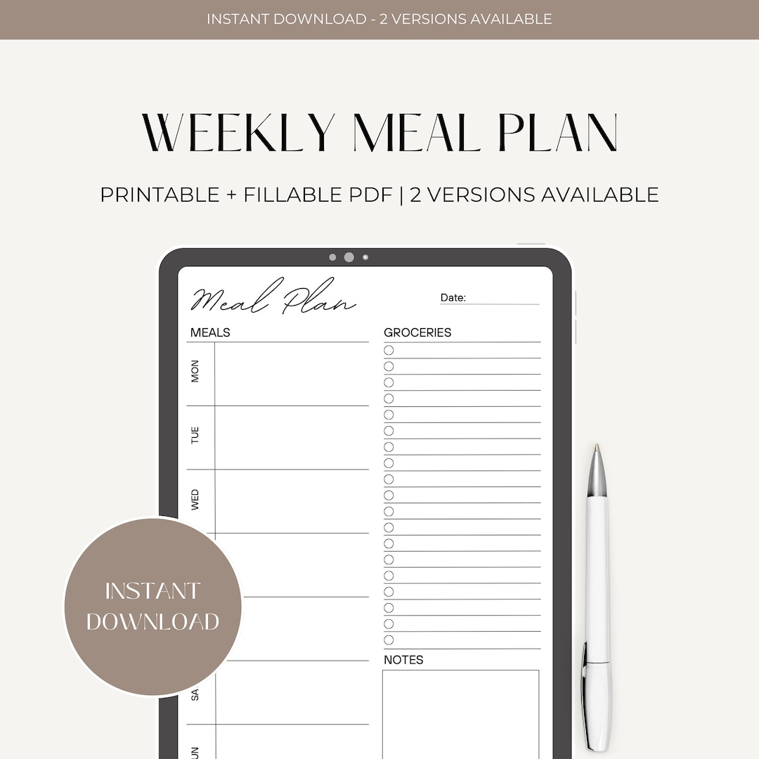 Printable Weekly Meal Plan Grocery List - Etsy