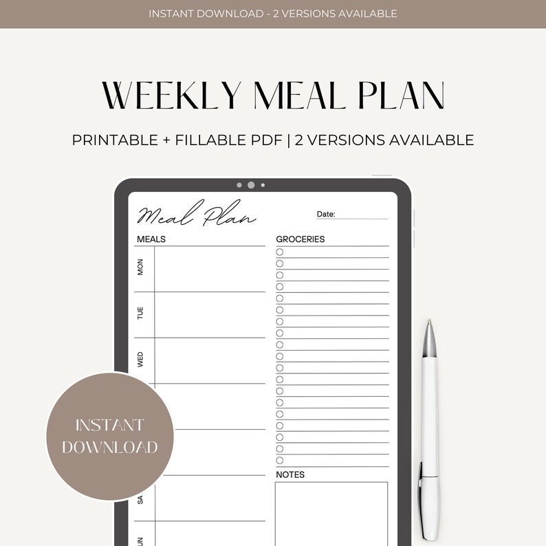 Printable Weekly Meal Plan Grocery List - Etsy