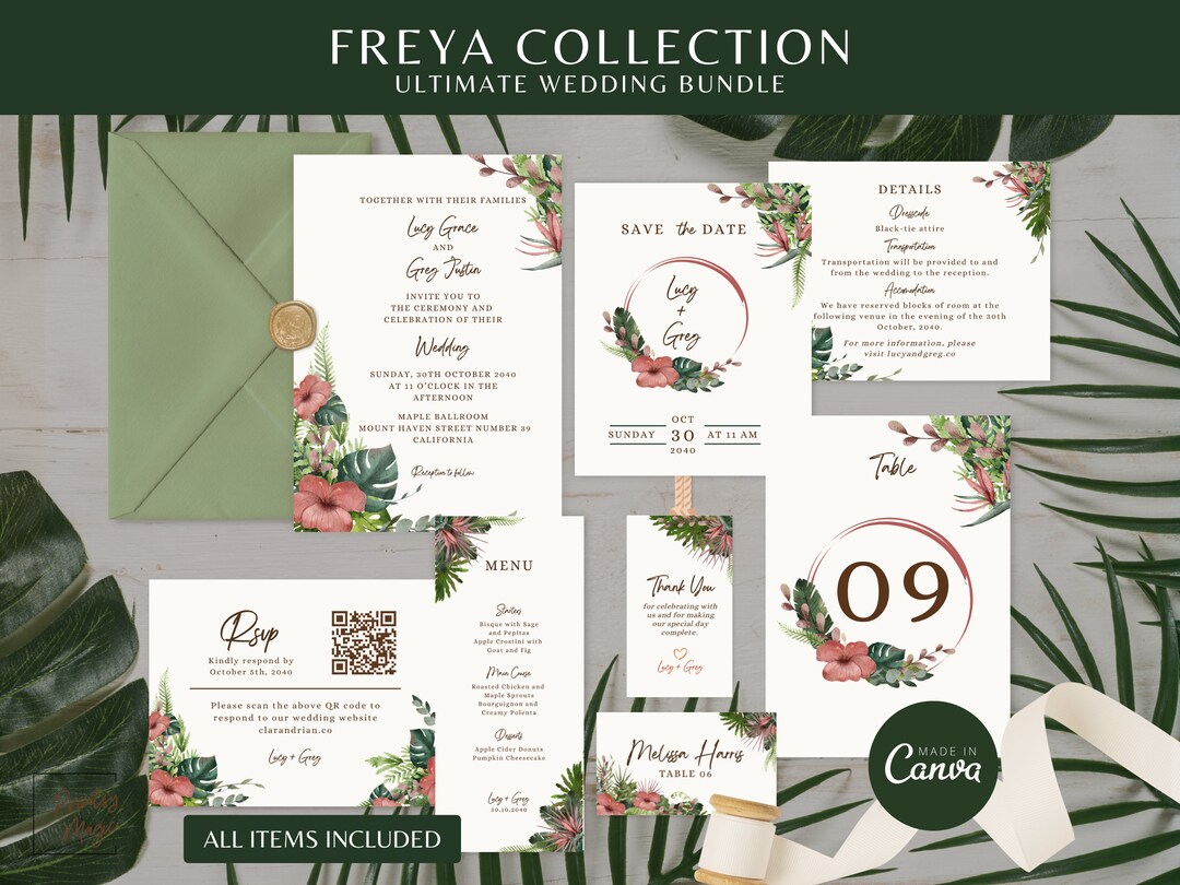 FREYA Wedding Template Bundle With QR Code, Tropical Wedding Set ...