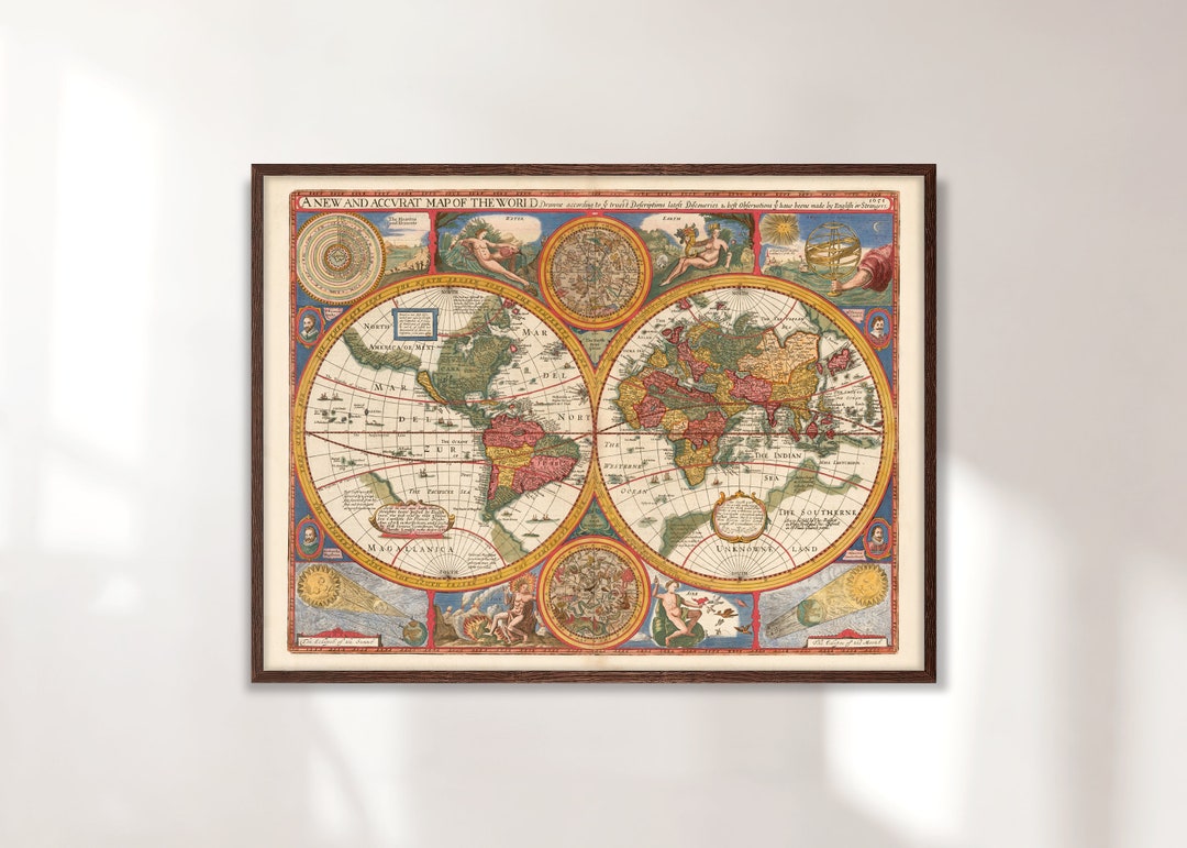 Ancient World Sea Map, Antique Illustrated Map of the Globe, Vintage ...