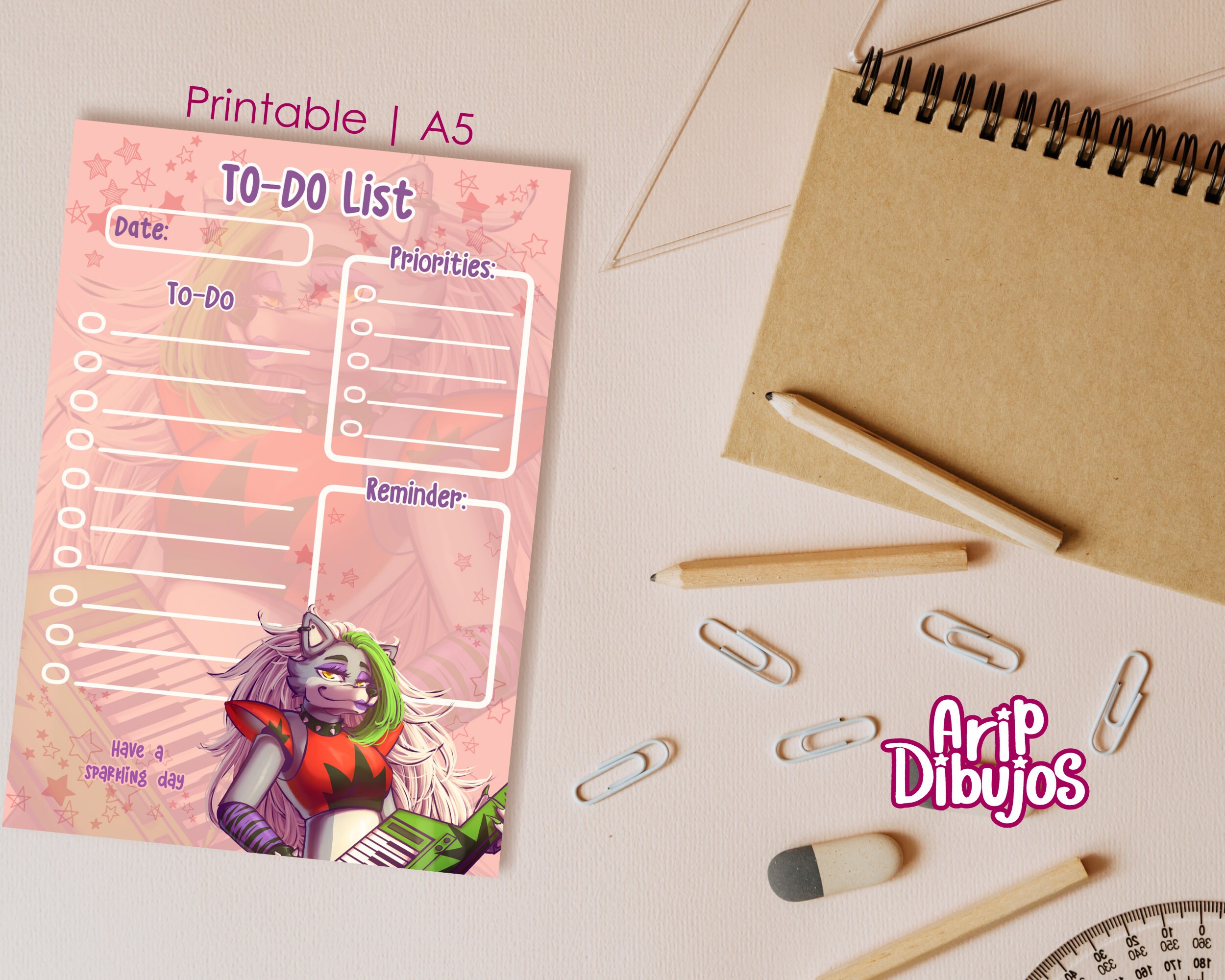 FNAF to Do List Roxanne Wolf Tasks List Template Printable PNG A5 ...