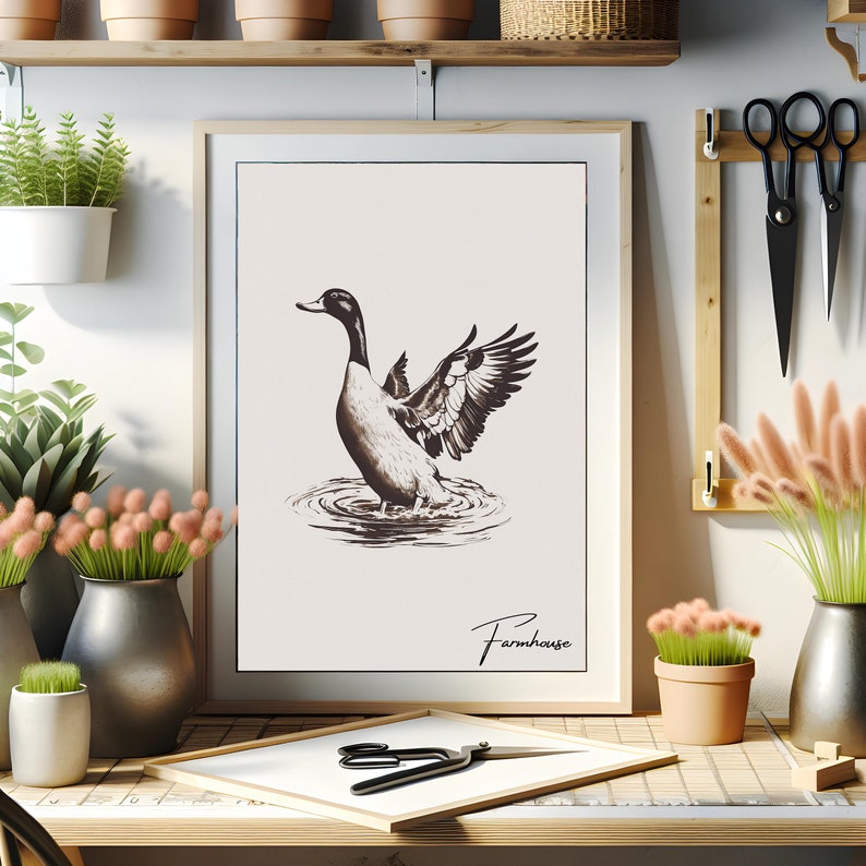 Vintage Duck Sketch Print, Farmhouse Decor, Minimalist Wall Art, Rustic ...