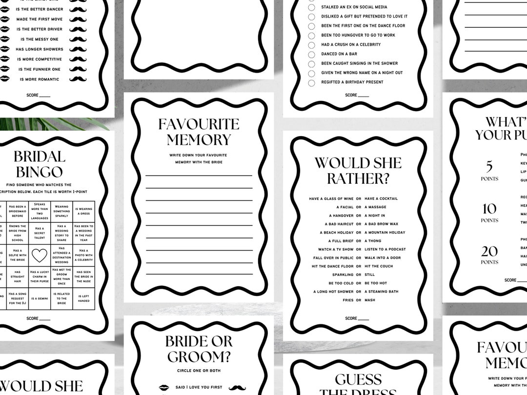 Ultimate Bridal Shower Game Pack Black Wavy Border Hens Party Games