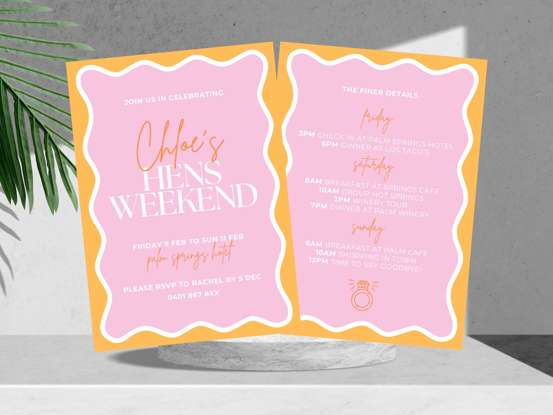 Orange & Pink Wavy Hens Weekend Invitation (canva Digital Download) - Etsy