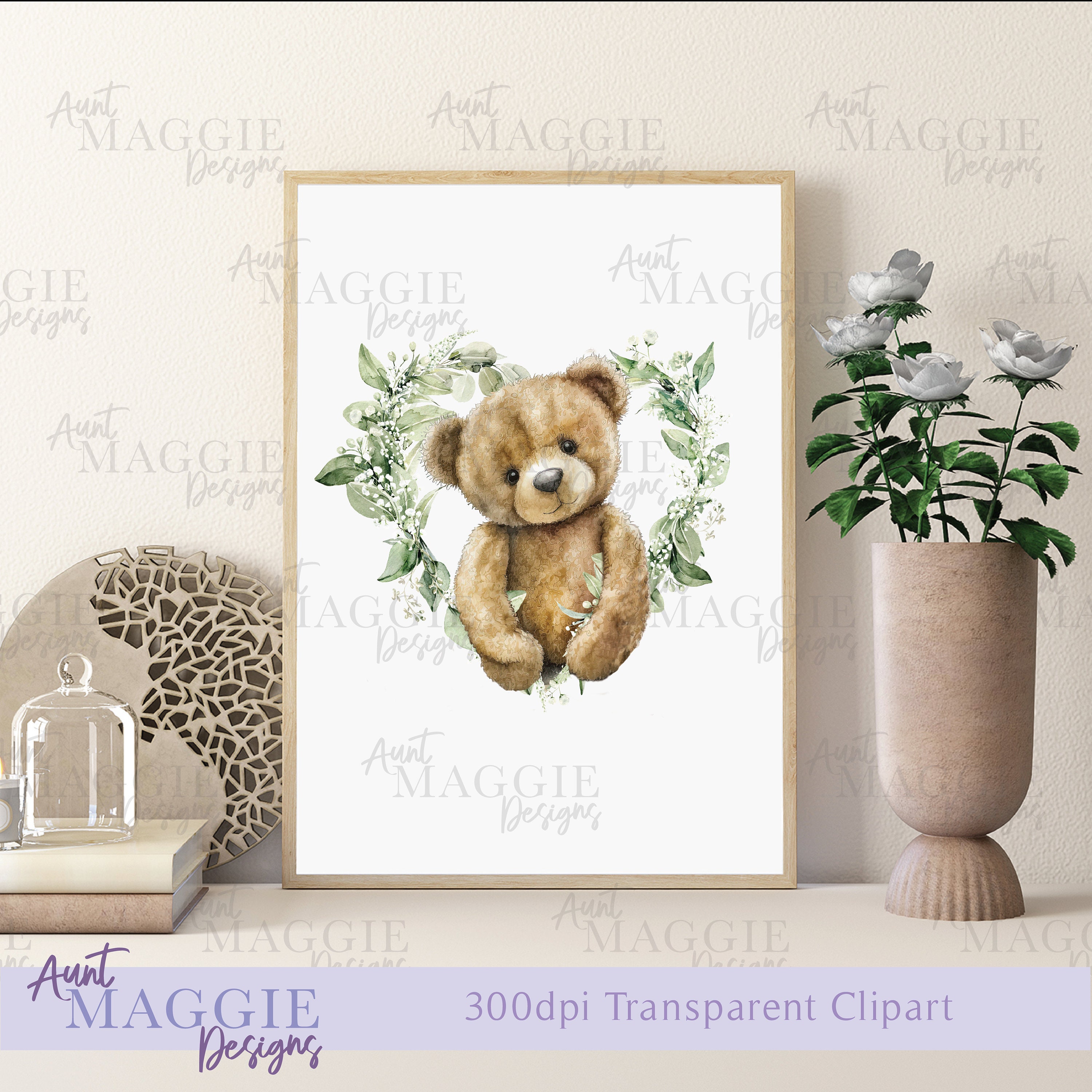 Teddy Wreath Clipart PNG Eucalyptus Sublimation UV-DTF Transparent ...