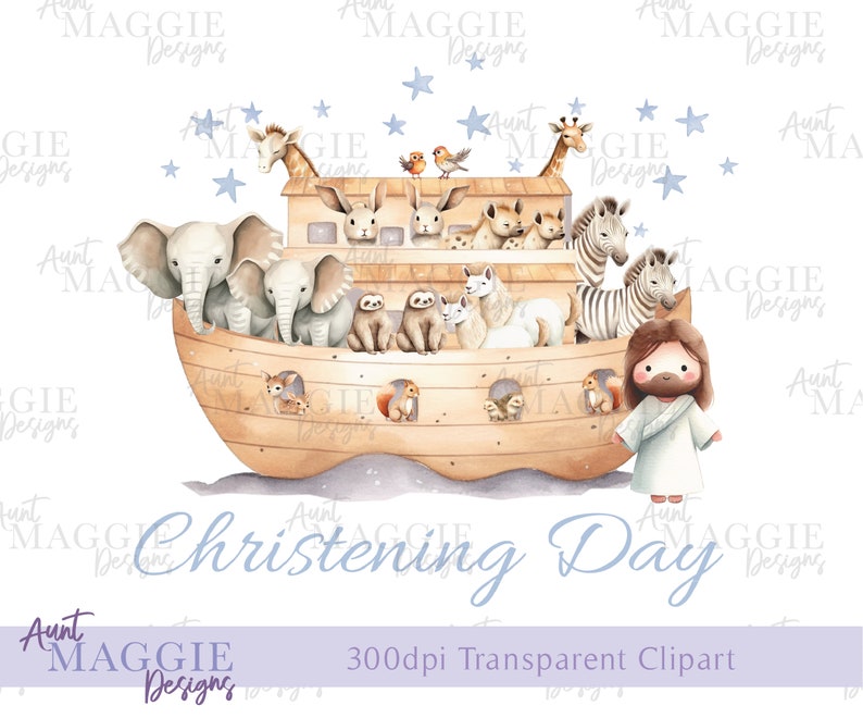 Noahs Ark Christening Clipart Blue New Baby Sublimation Design, Pastel ...