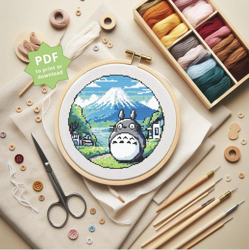 Totoro Mount Fuji Cross Stitch Pattern: Easy DIY Embroidery (PDF ...