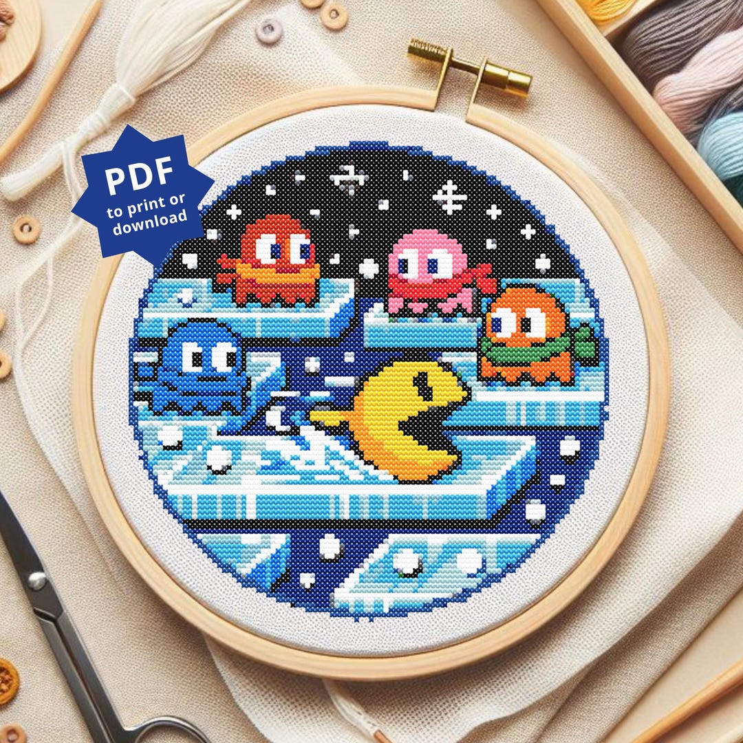 Pacman Winter Chase Cross Stitch Pattern, DIY Embroidery Pattern ...