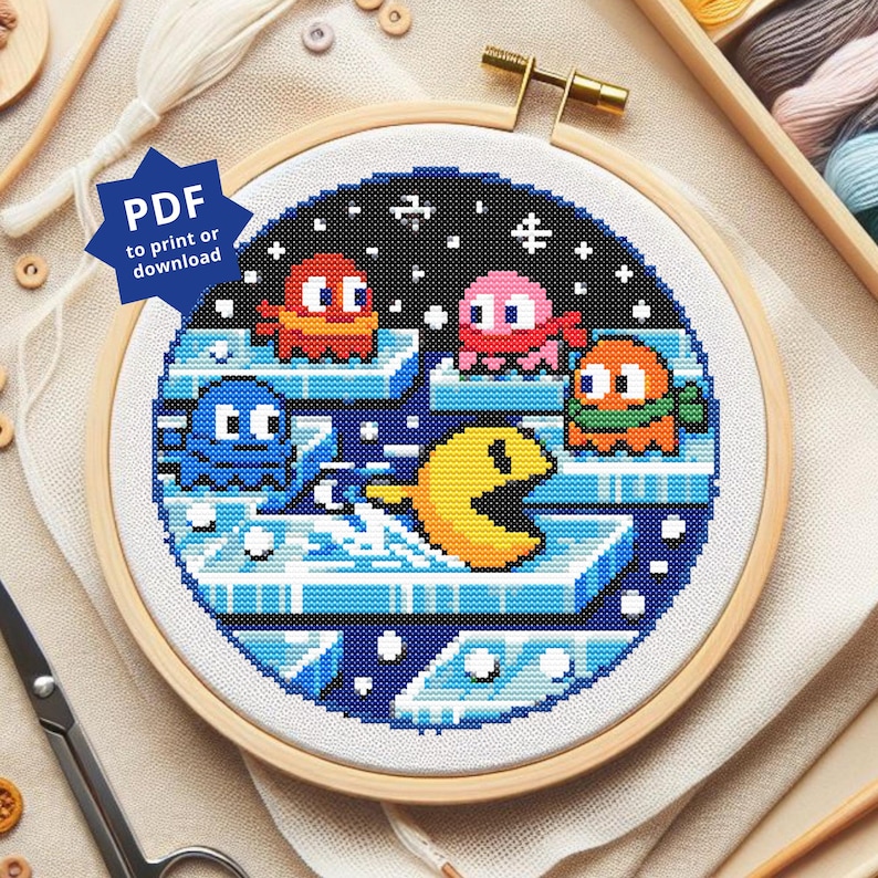 Pacman Winter Chase Cross Stitch Pattern, DIY Embroidery Pattern ...