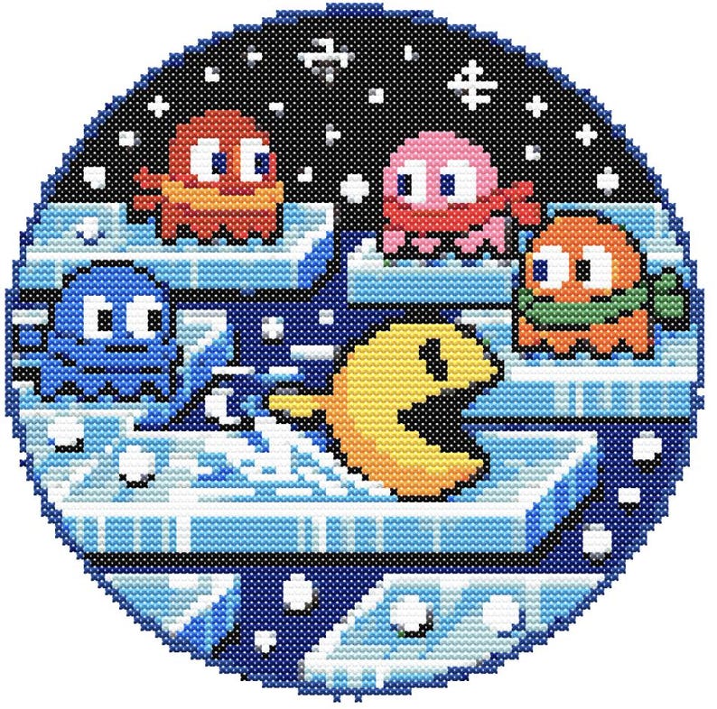 Pacman Winter Chase Cross Stitch Pattern, DIY Embroidery Pattern ...