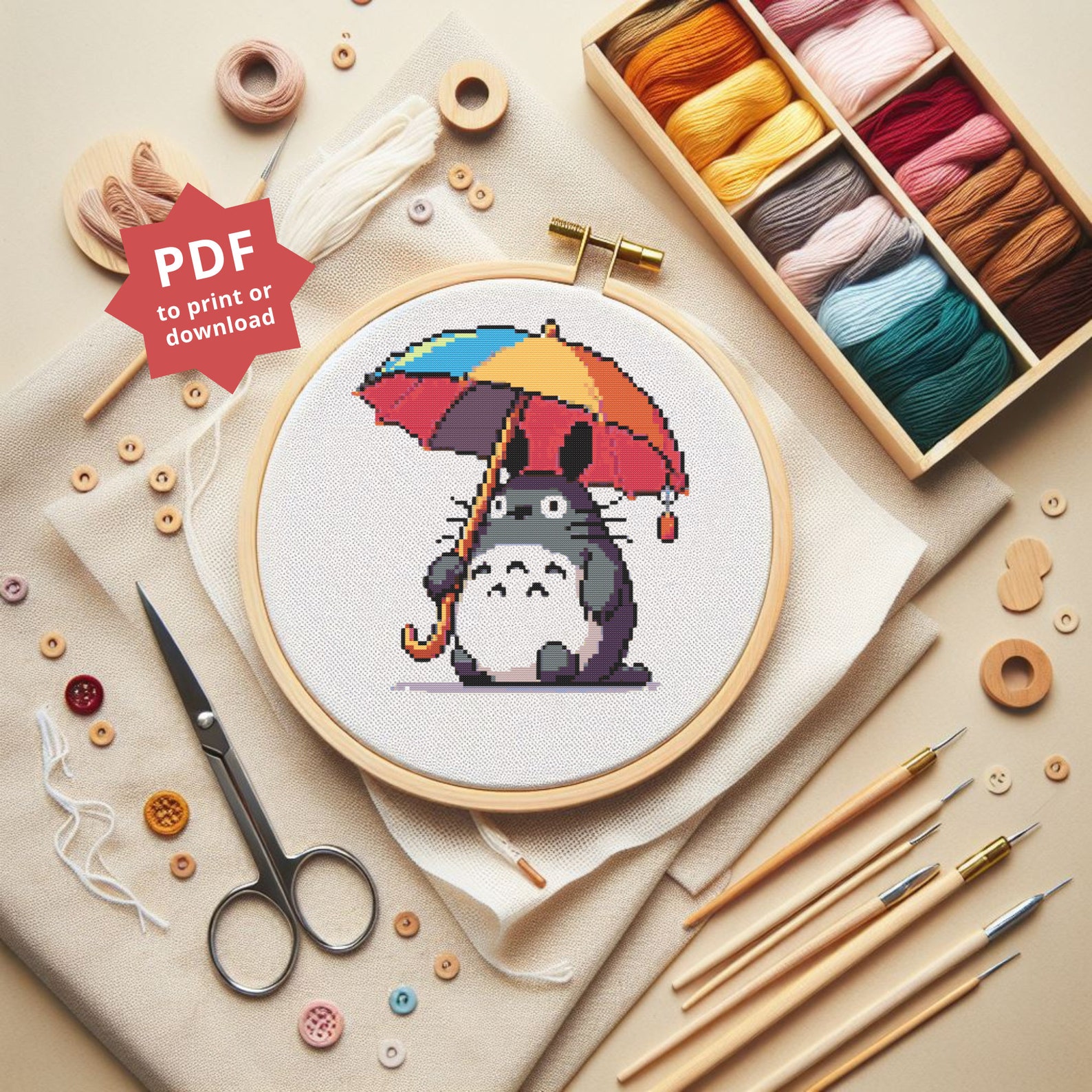 Totoro Umbrella Cross Stitch Pattern, DIY Embroidery Pattern, Instant ...