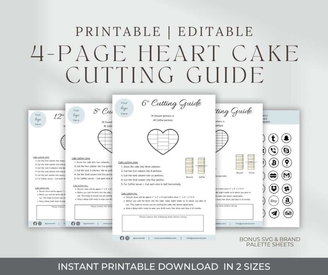 Heart Cake Cutting Guides, Printable Cake Cutting Template, Vintage ...