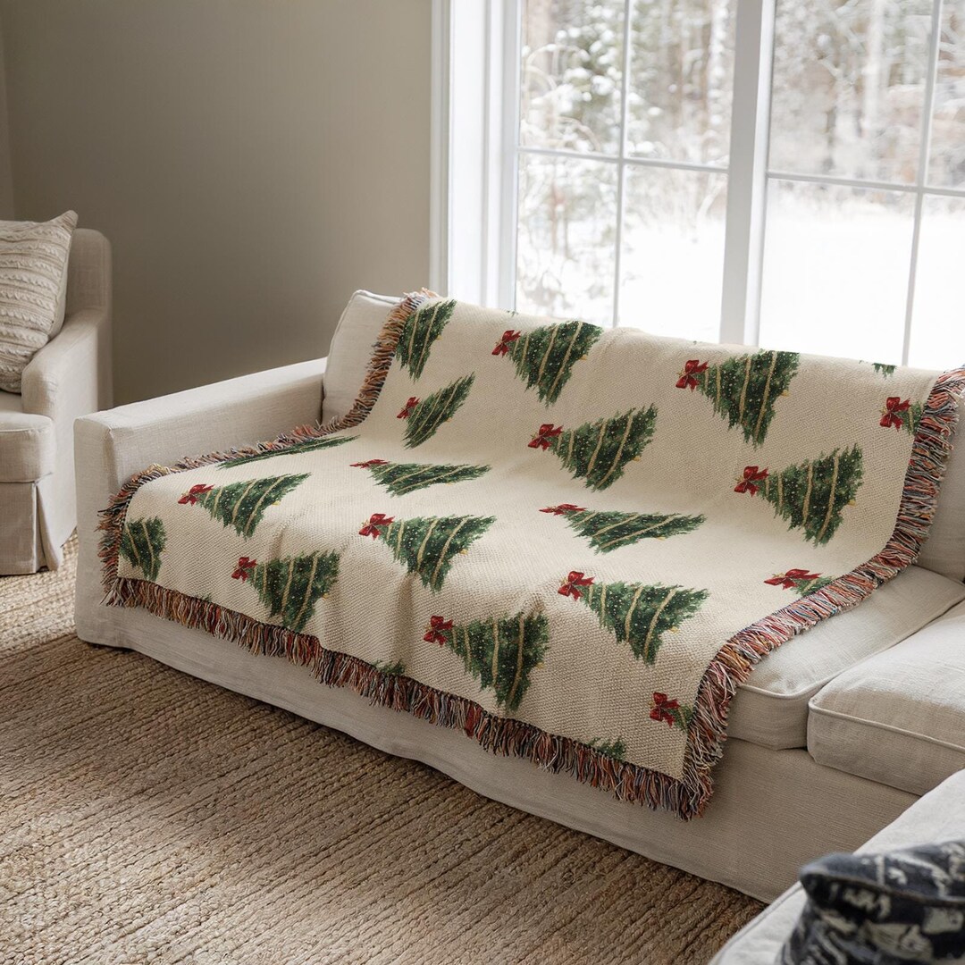 Vintage Christmas Tree Woven Throw Blanket, Premium Natural Cotton Soft ...
