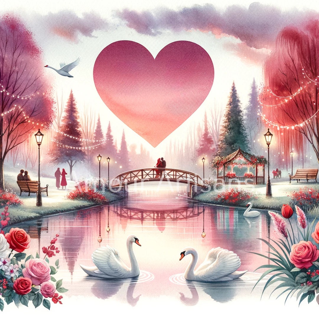 Lovely Watercolor Romantic Parc Scene PNG, Heart Love Couples Image ...