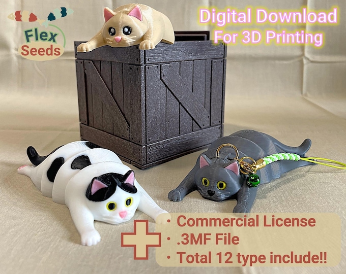 Flexi Cat STL Keychain - 3D Print File, Flexible Fidget Kawaii Keyring ...
