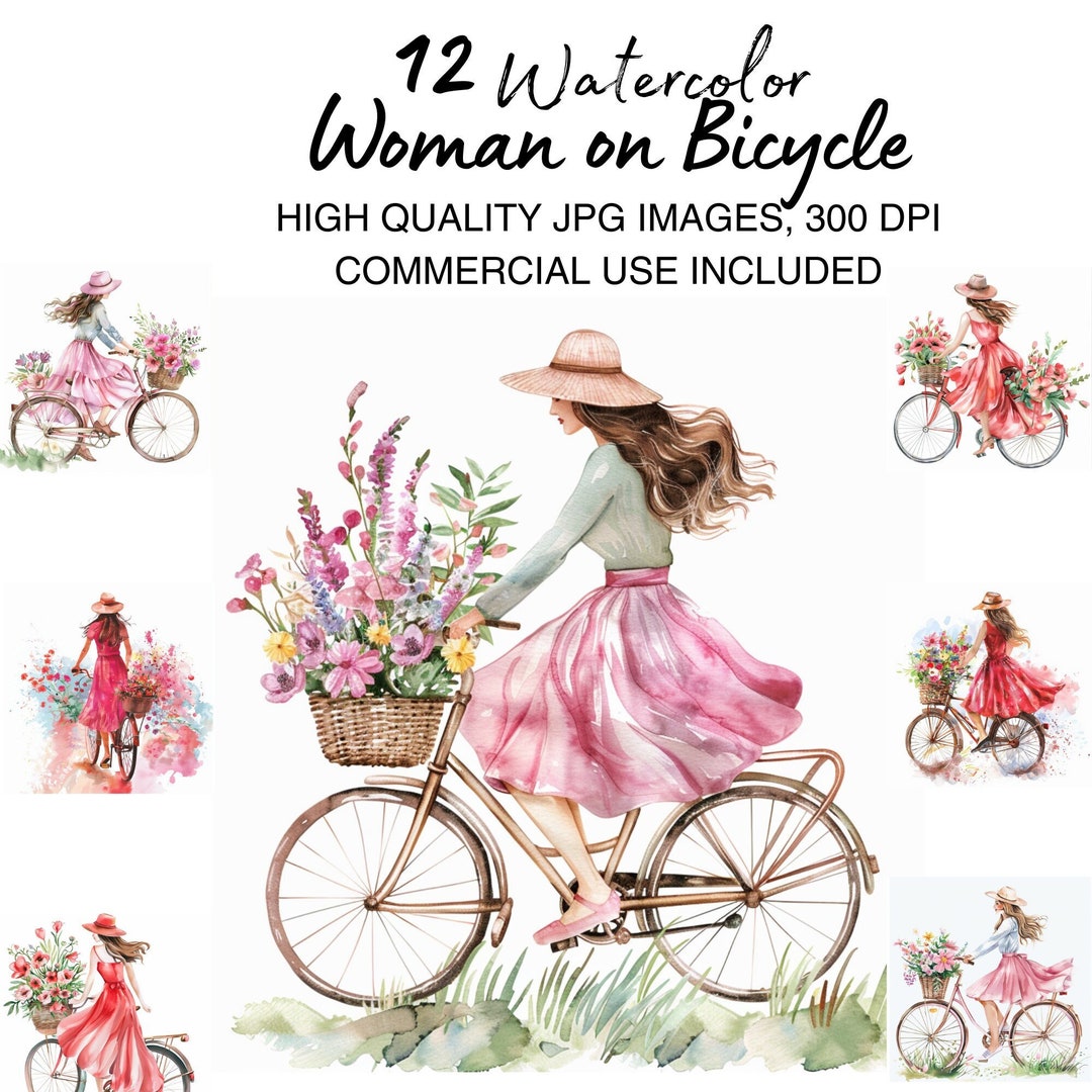 12 Watercolor Woman on Bicycle Clipart - Elegant Floral Ride, Vintage ...
