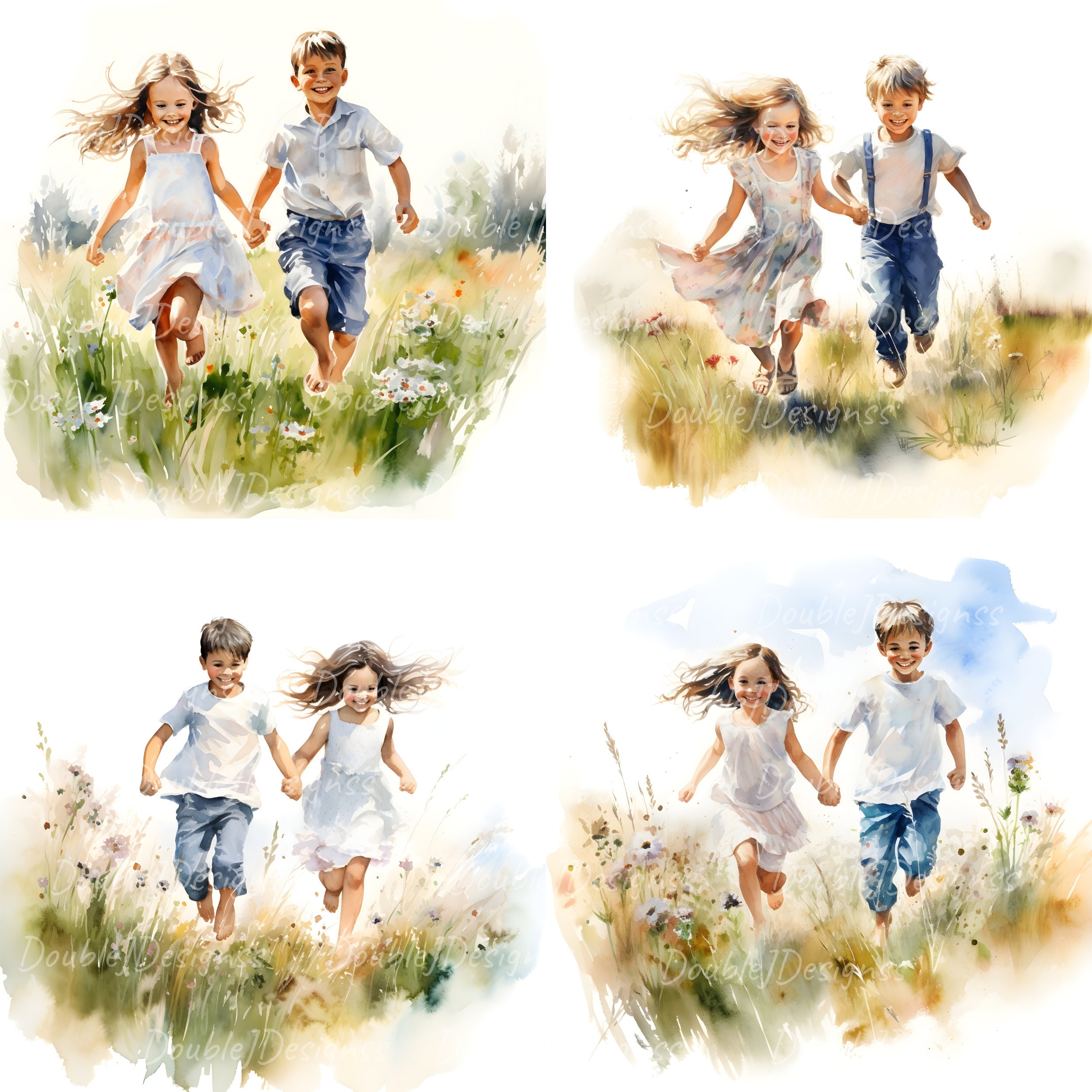 Children Clipart, 14 Watercolour JPG Images of Boys and Girls Run and ...