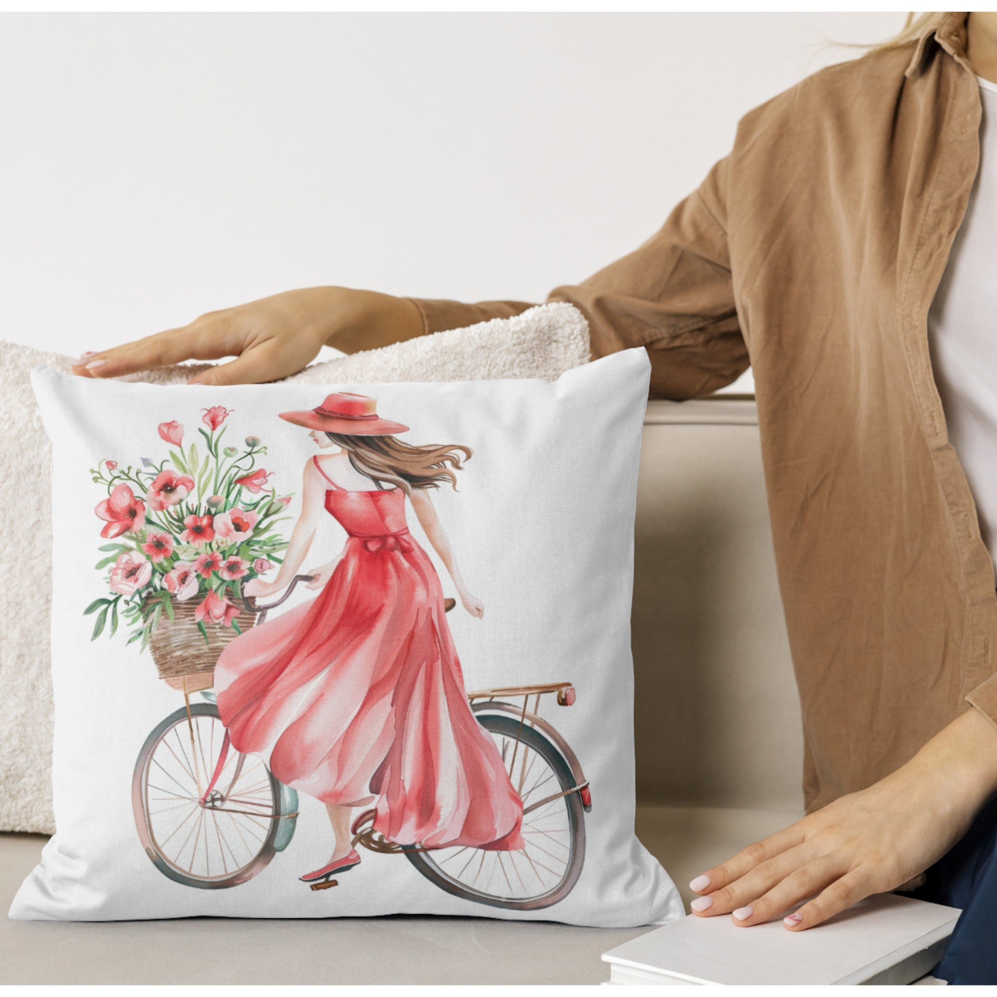 12 Watercolor Woman on Bicycle Clipart - Elegant Floral Ride, Vintage ...