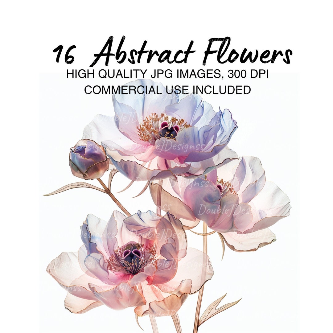 16 Abstract Flowers Clipart, Pink Blue Flowers, Printable Watercolor ...