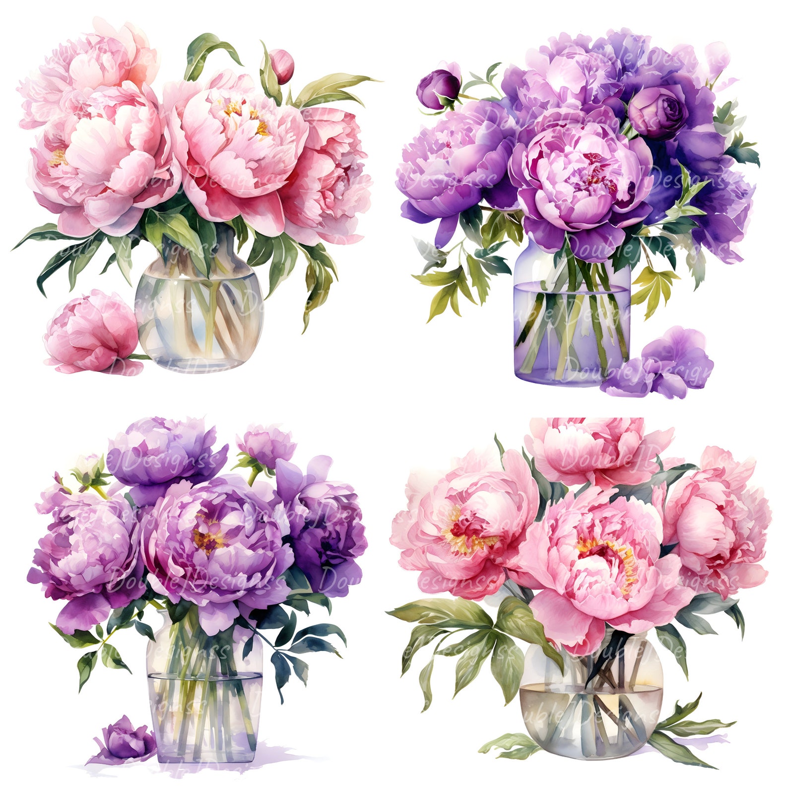 24 Watercolor Peonies in Vase, Clipart, Peony Graphics, Digital ...