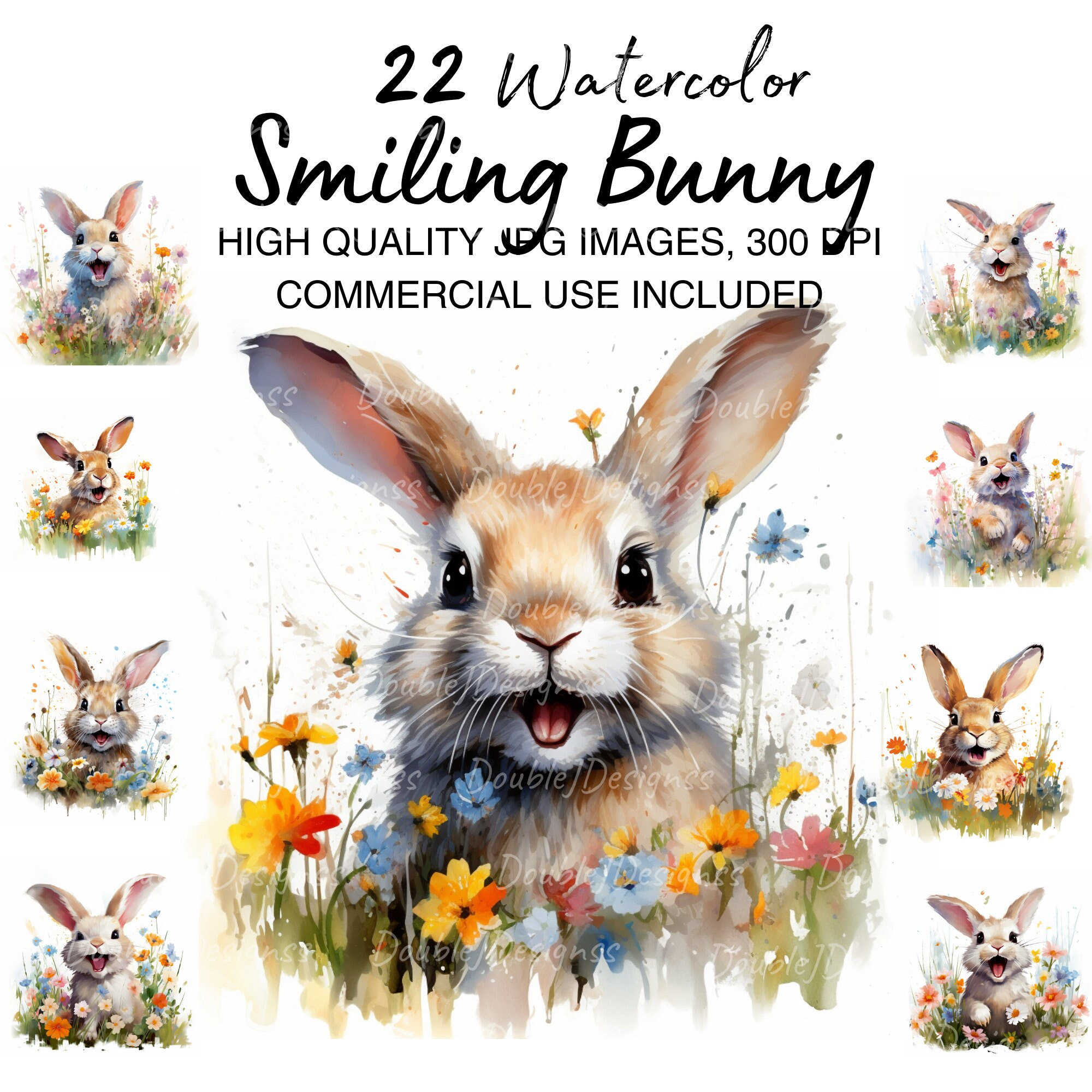 22 Smiling Bunny Clipart, Funny Rabbit, Printable Watercolor Clipart ...