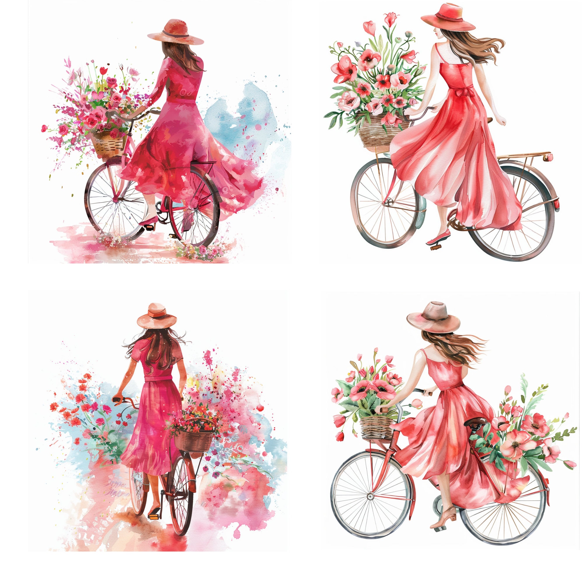 12 Watercolor Woman on Bicycle Clipart - Elegant Floral Ride, Vintage ...